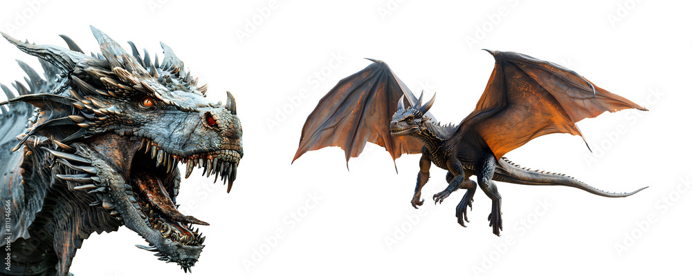 Flying and full body dragon in close up set, Isolated on Transparent ...