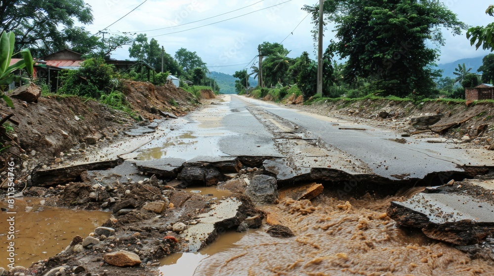 Foto de Stock A rural road has been heavily damaged by severe flooding ...