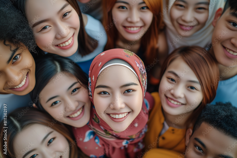 A circle of friends of different nationalities: young people smile for ...