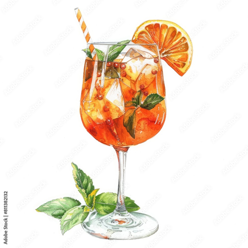 Watercolor Aperol Spritz cocktail illustration with orange, isolated on ...