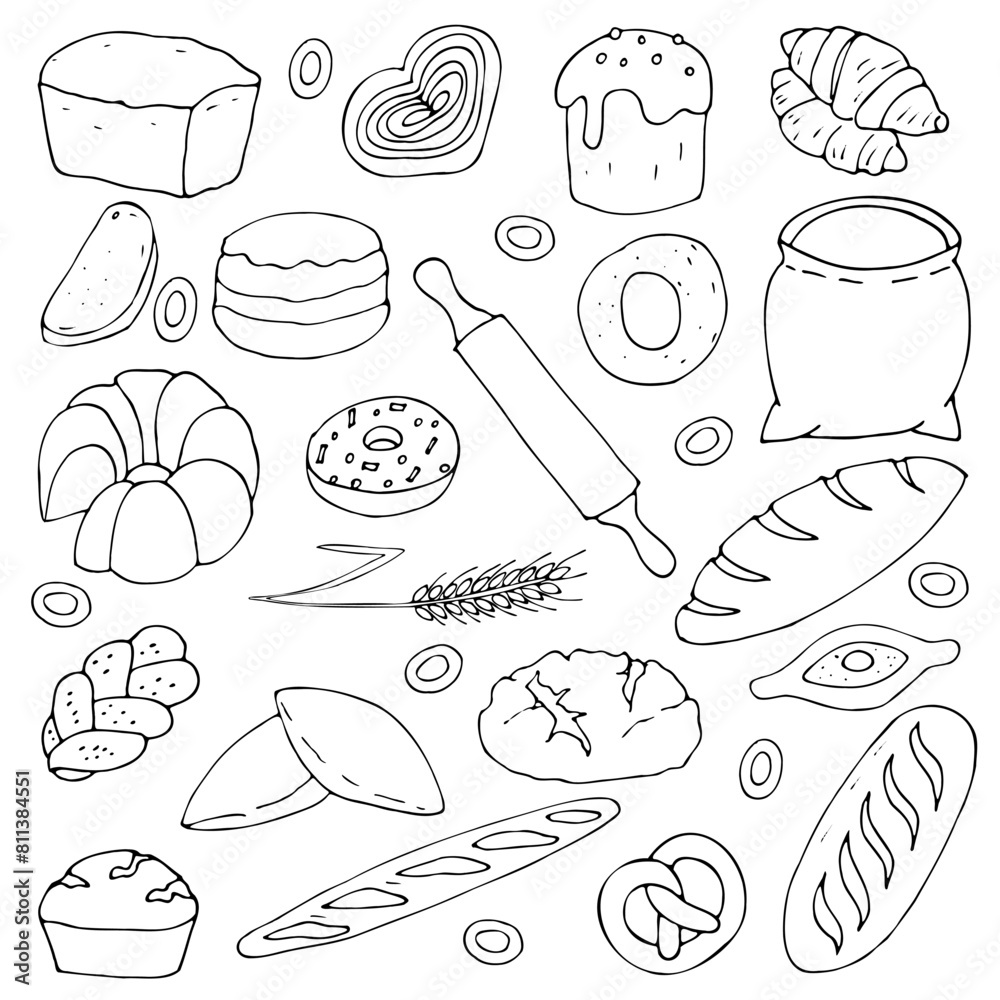 Vector set of bakery products in cartoon style on a white background ...