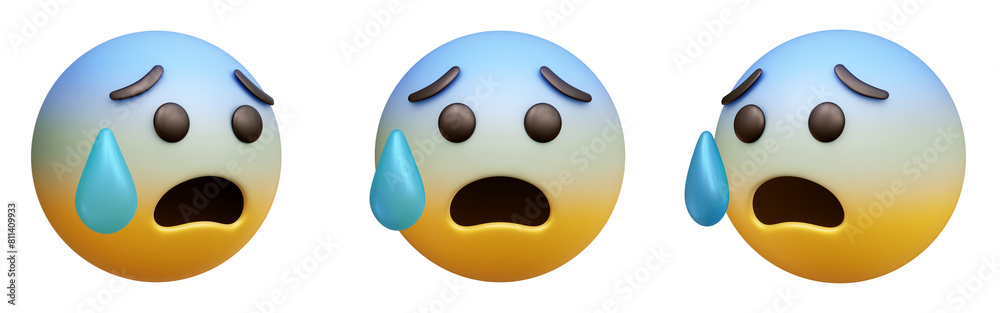 Anxious face with sweat three-dimensional emoji. Terrified emoticon isolated on transparent ...