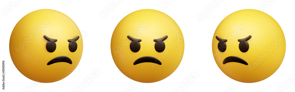 Angry face three-dimensional emoji. Frowning emoticon isolated on transparent background. 3D ...