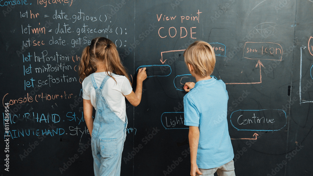 Caucasian girl and smart boy writing blackboard with engineering prompt ...