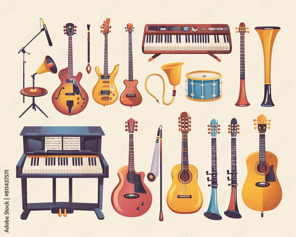 Physics behind musical instruments flat design side view acoustical ...