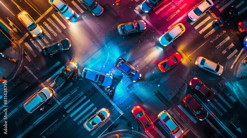 Brightly lit urban scene from above, showing a car accident at a city ...