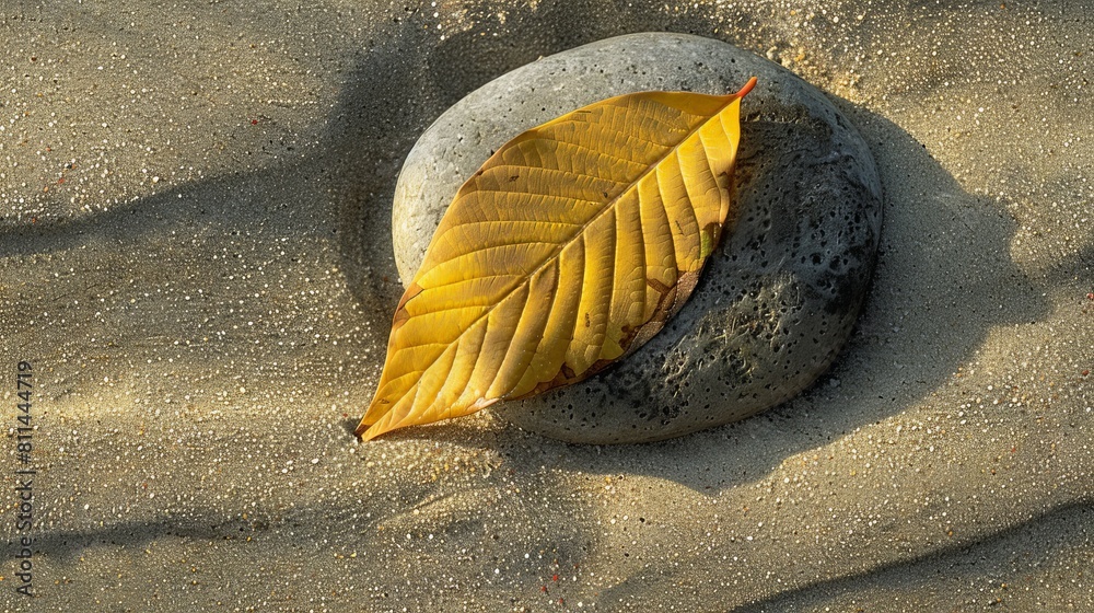 A single leaf resting on a smooth, flat stone, surrounded by the soft ...
