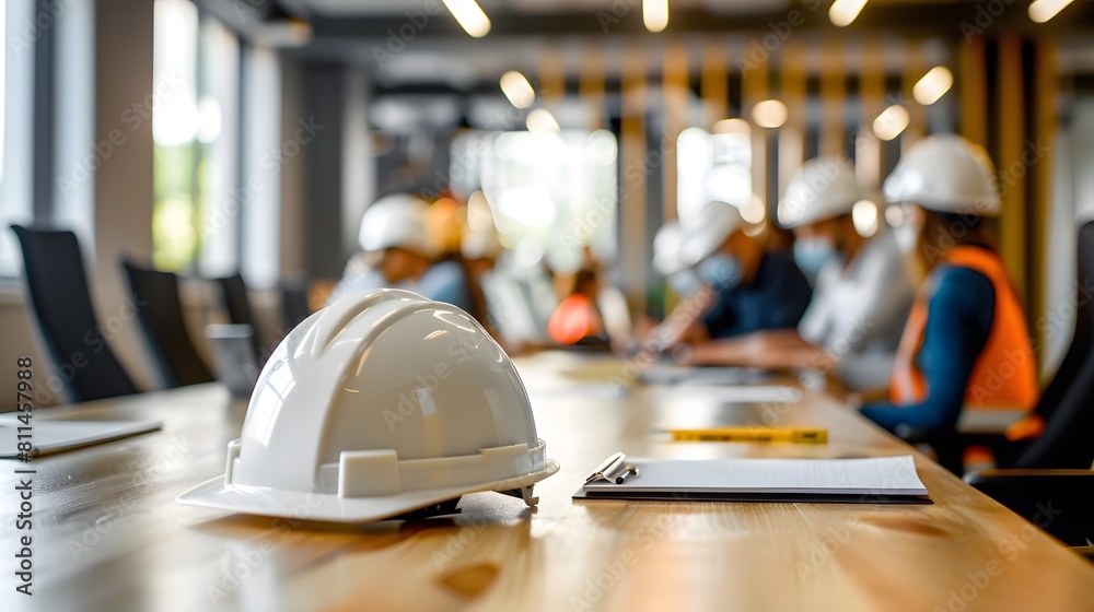hard hat on the table in the office with people wearing construction ...