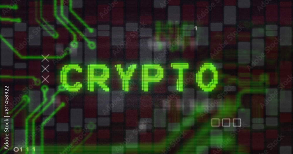 Image of crypto text, x symbol, circuit board texture over red and white bars in background ...