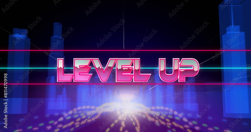 Image of level up text in pink metallic letters over digital city with ...