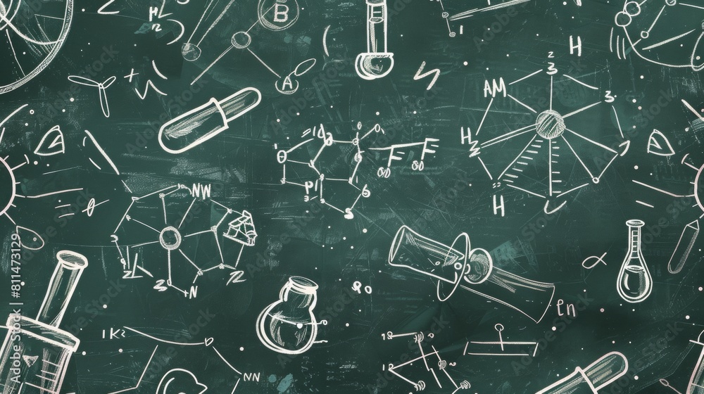 A seamless pattern of white chalk doodles on a blackboard, including ...