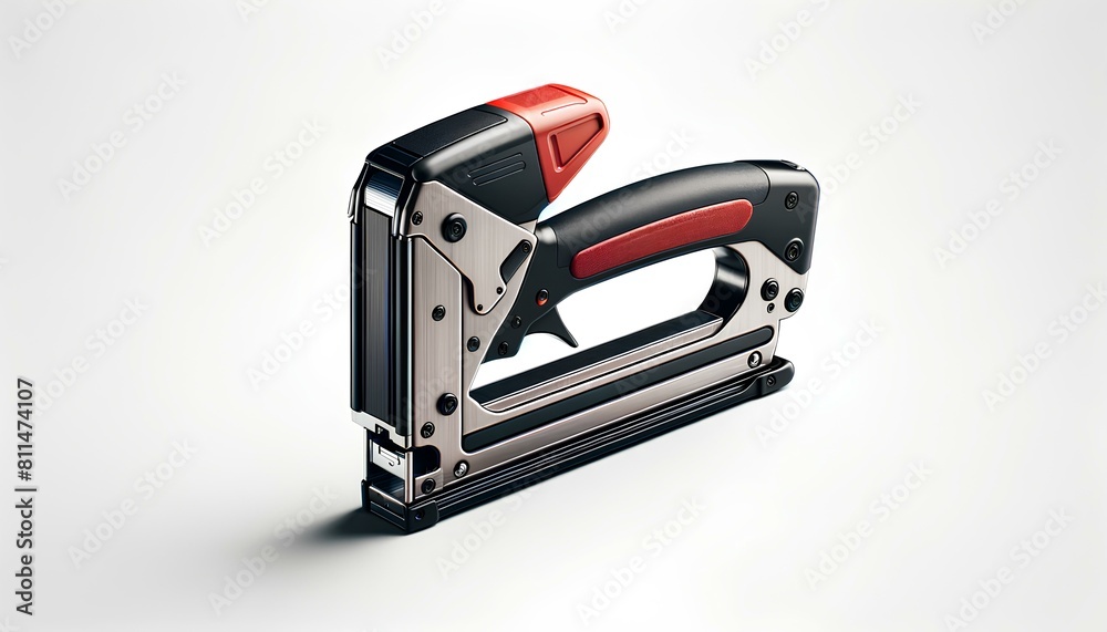 Image of a single staple gun with a black and red handle on a white ...