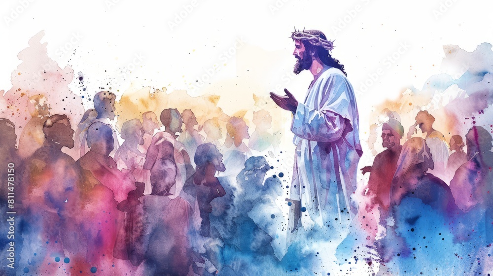 Graceful watercolor illustration of Jesus blessing a crowd Stock ...