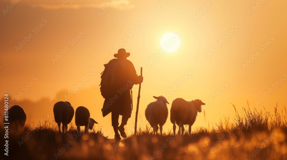 Iconic silhouette of a shepherd leading his flock in the footsteps of ...