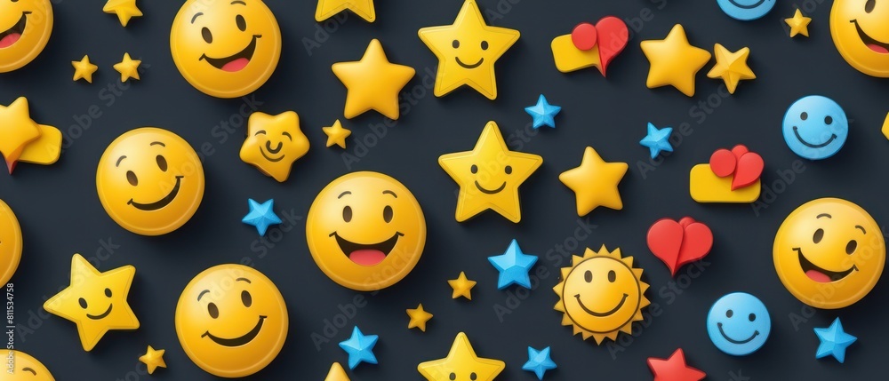 Smiley emoji surrounded by positive symbols, representing feedback ...