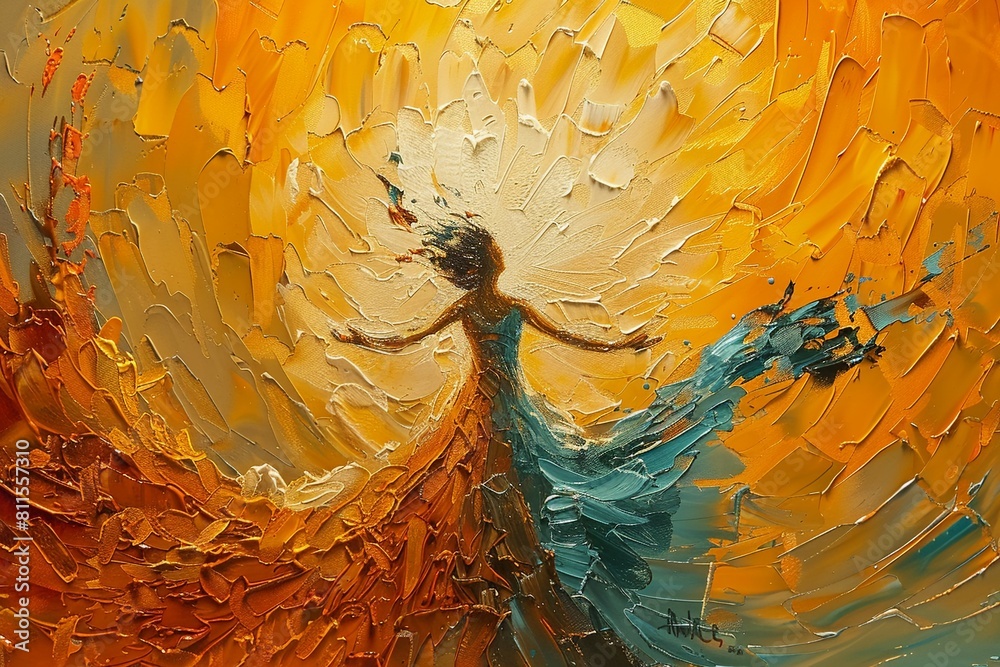 Charming sun goddess portrayed in abstract oil, bright color tones ...