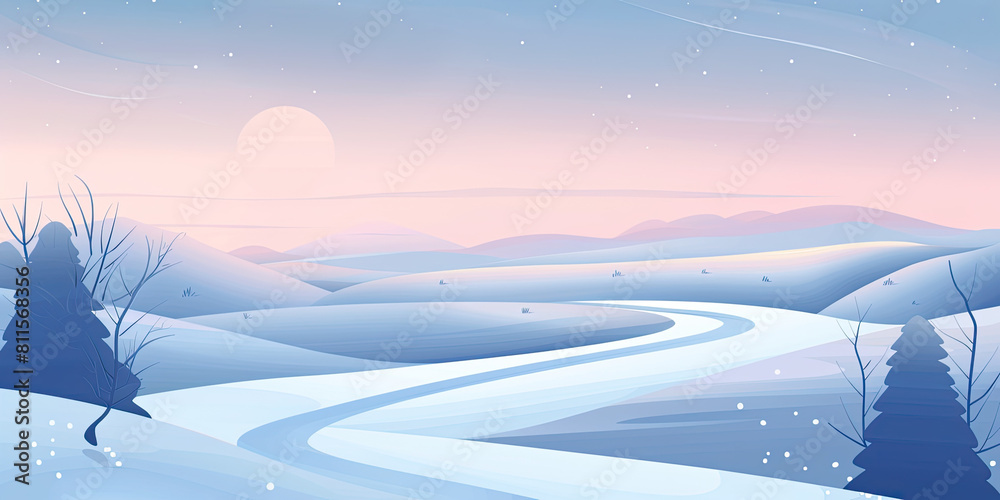 Winter cartoon landscape, snowing scene illustration winding path ...