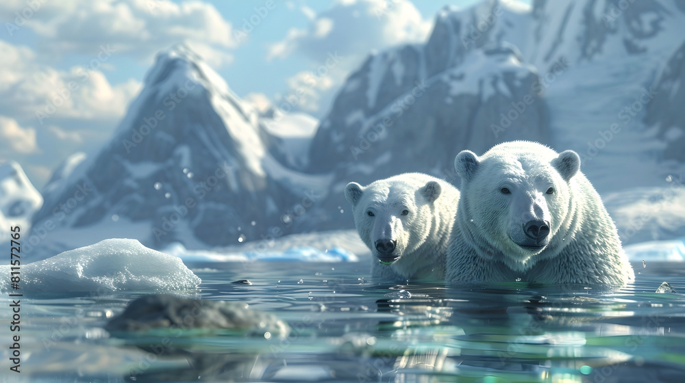 Polar Bears Swimming Amidst Icy Arctic Landscape Highlighting ...