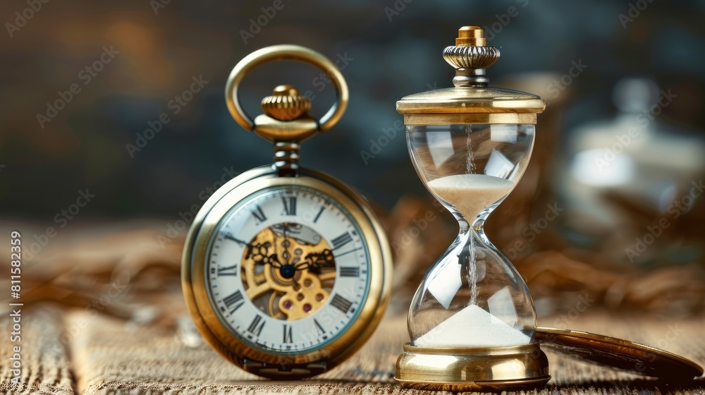 A classic illustration featuring a vintage pocket watch and hourglass ...