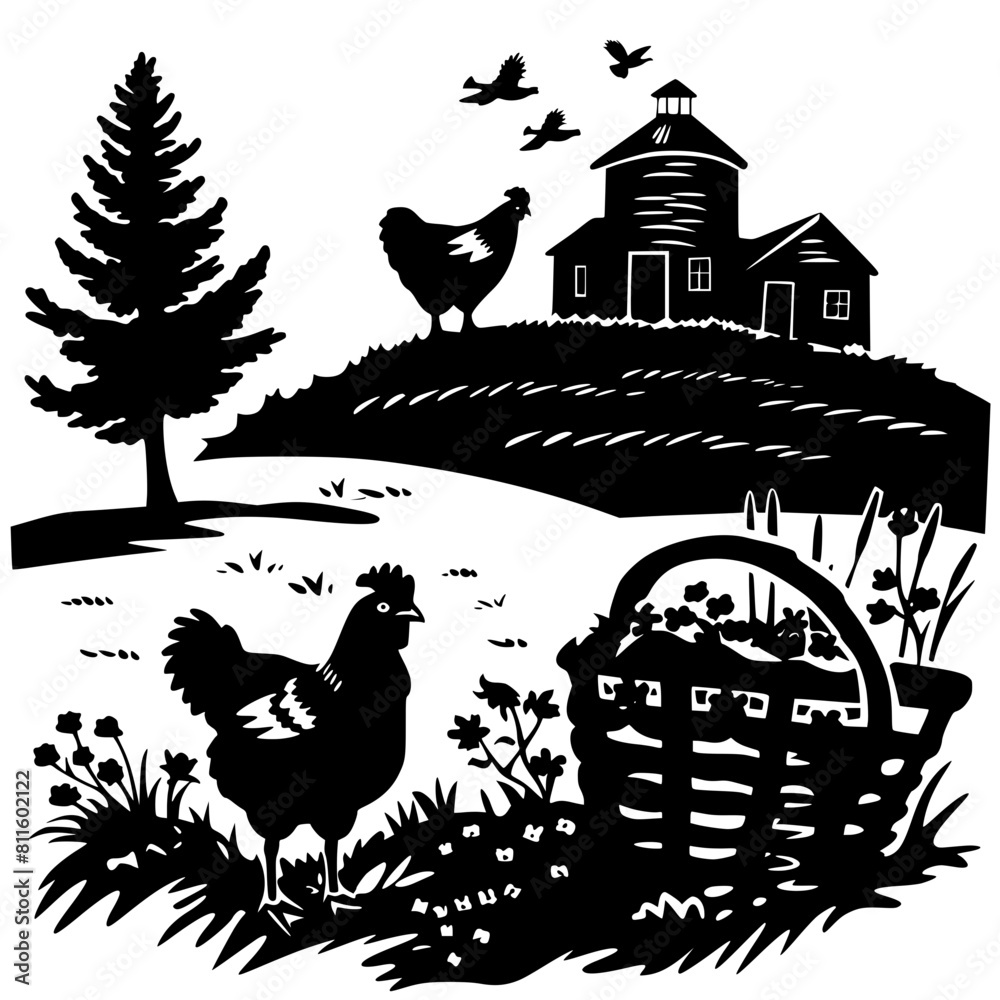 Vector de Stock farm silhouette, farm scene, Farm Scene dxf, Farm Scene ...