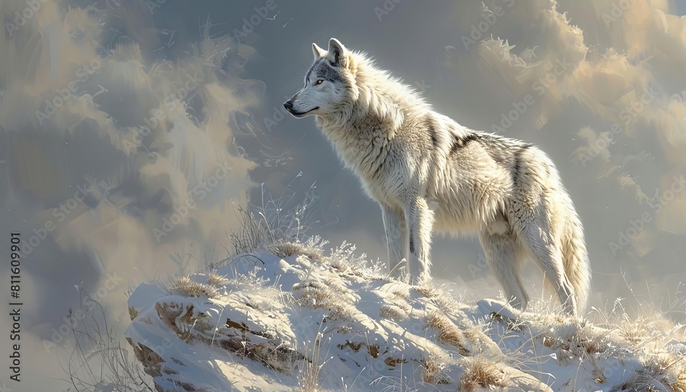 A majestic arctic wolf standing atop a snowcovered hill, surveying its ...