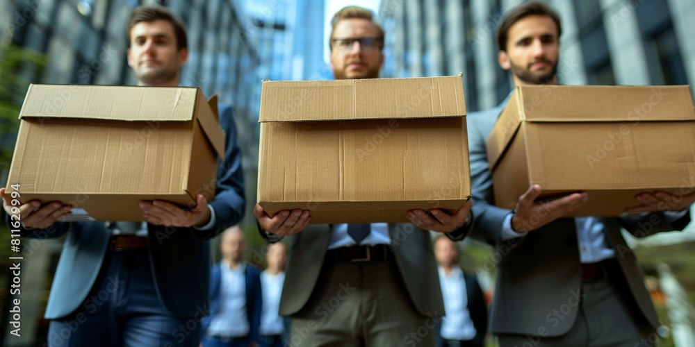Several laid-off business representatives hold boxes full of documents ...