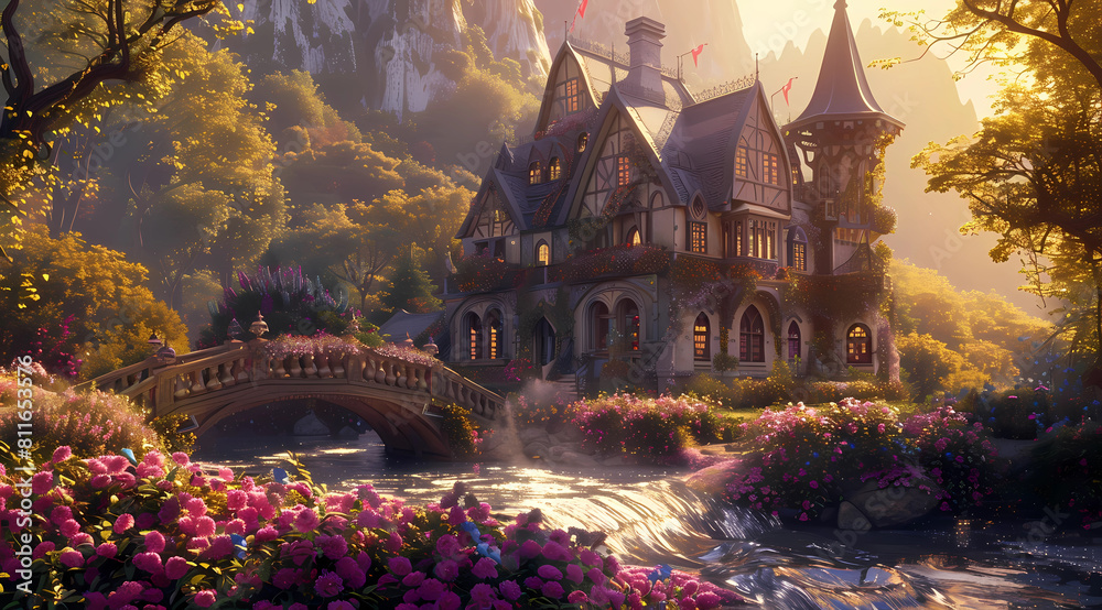 Foto de Stock Beautiful medieval fantasy mansion, with a small bridge ...