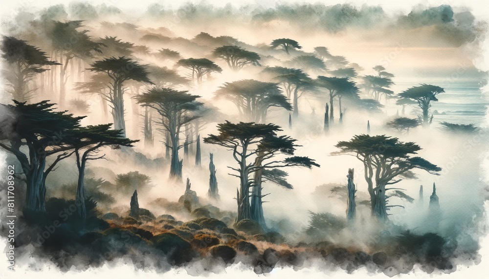 Imagine a mysterious late afternoon at Monterey Bay, fog rolls in thick ...