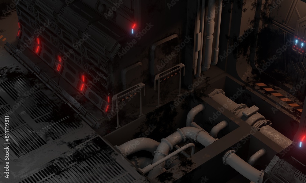 Main door with grating corridor and pipe line in dark scene 3d ...
