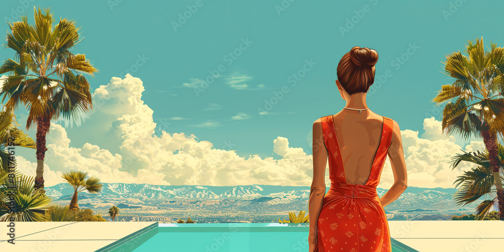 Women enjoying tropical resort poolsides. Digital illustrations with vibrant summer palette ...
