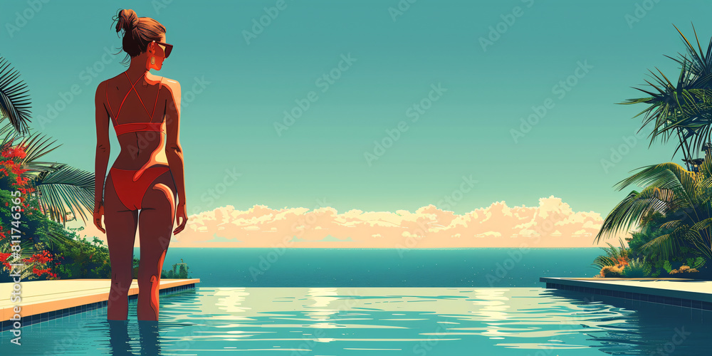 Women enjoying tropical resort poolsides. Digital illustrations with vibrant summer palette ...