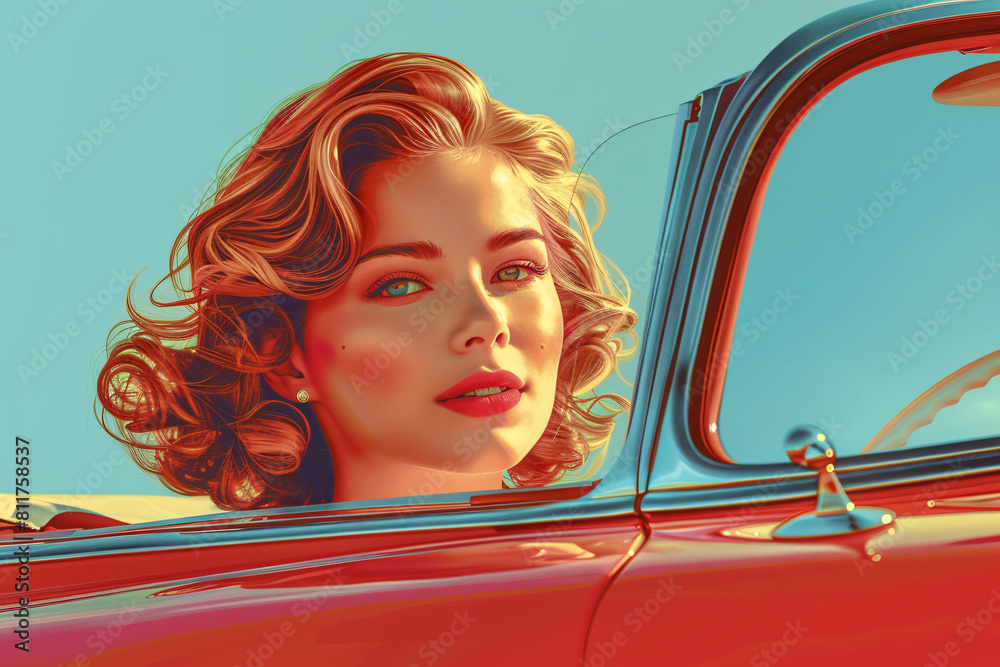 Retro vintage posters of woman driving classic car. Vintage fashion and ...