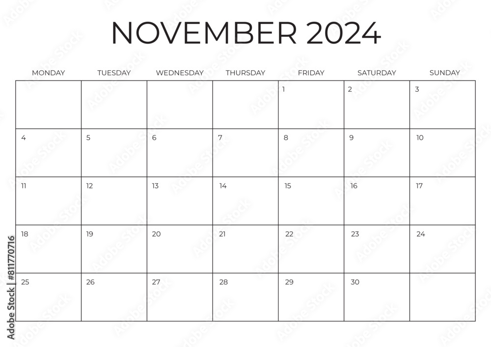 Monthly Planner November 2024. Calendar NOVEMBER 2024. Week starts on ...