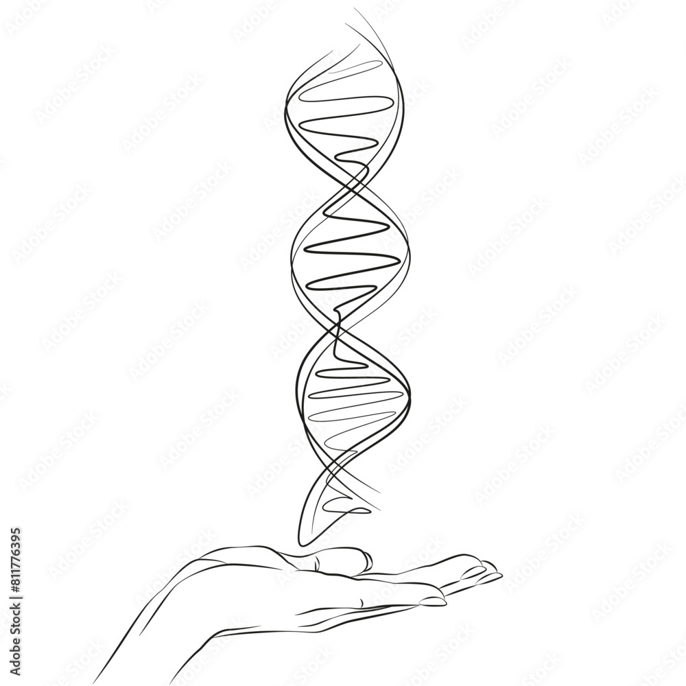 Continuous line drawing of hand holding DNA. Single one line draw helix ...