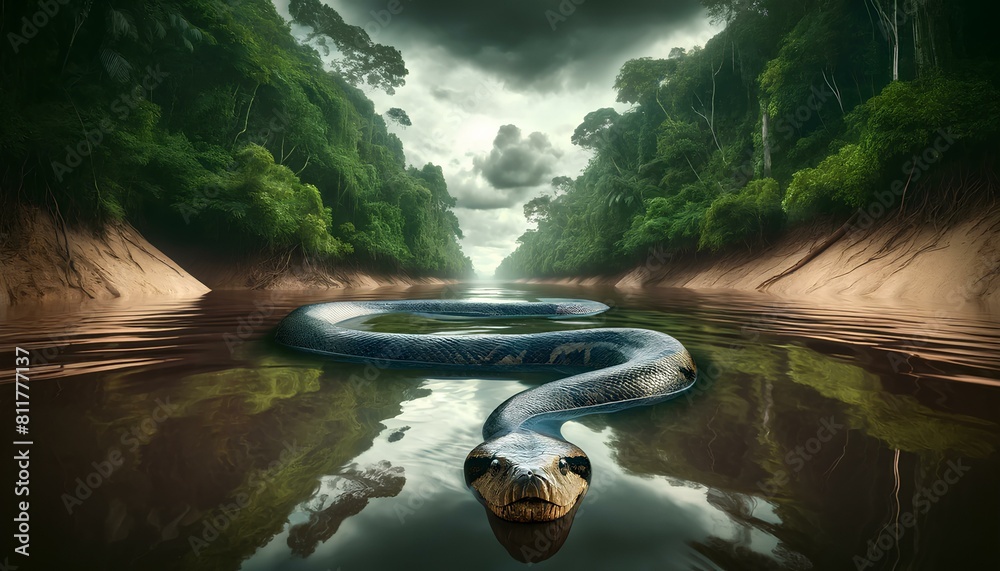 The image depicting a large anaconda in the Amazon River, framed in a ...