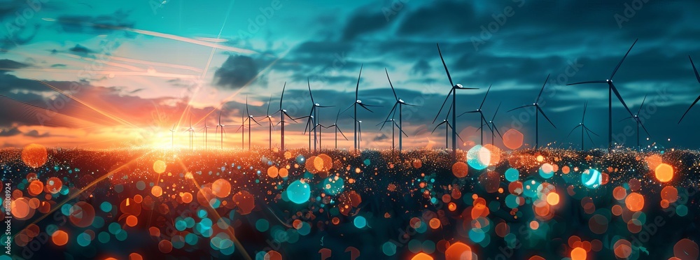 Wind power plant and technology Smart grid Renewable energy Sustainable resources, clear white ...