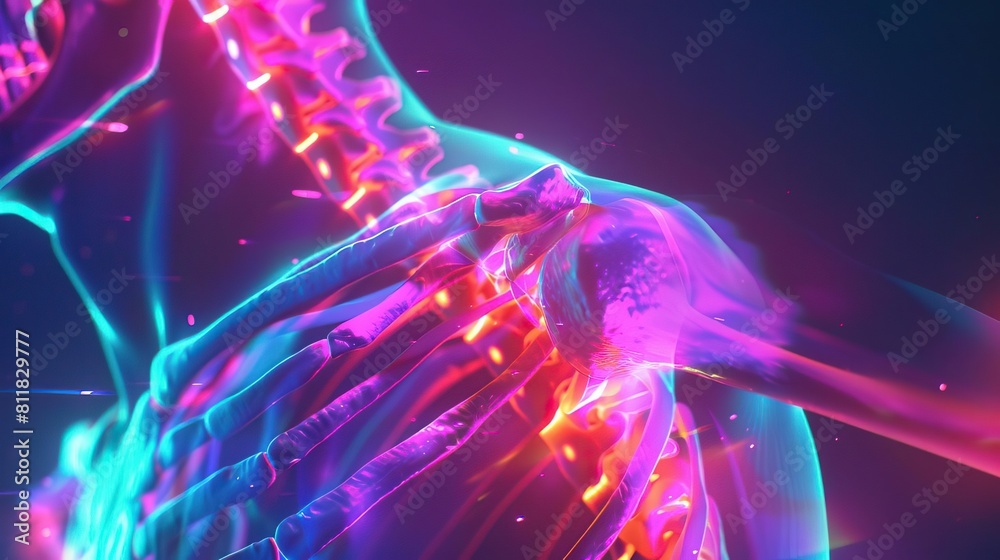A diagnostic Xray of the athletes shoulder area, stylized with ...