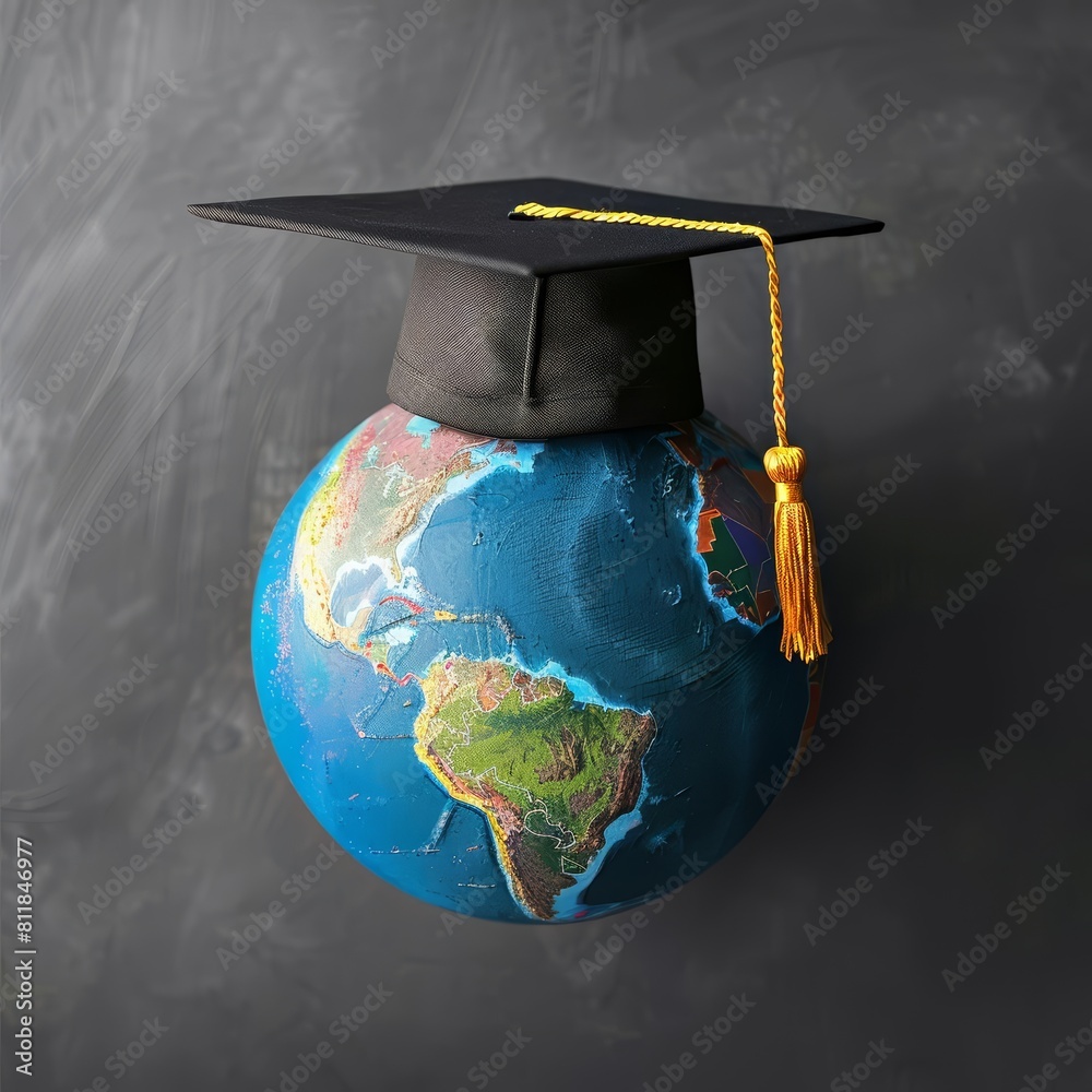 Graduation cap flying off the globe, celebrating international academic ...