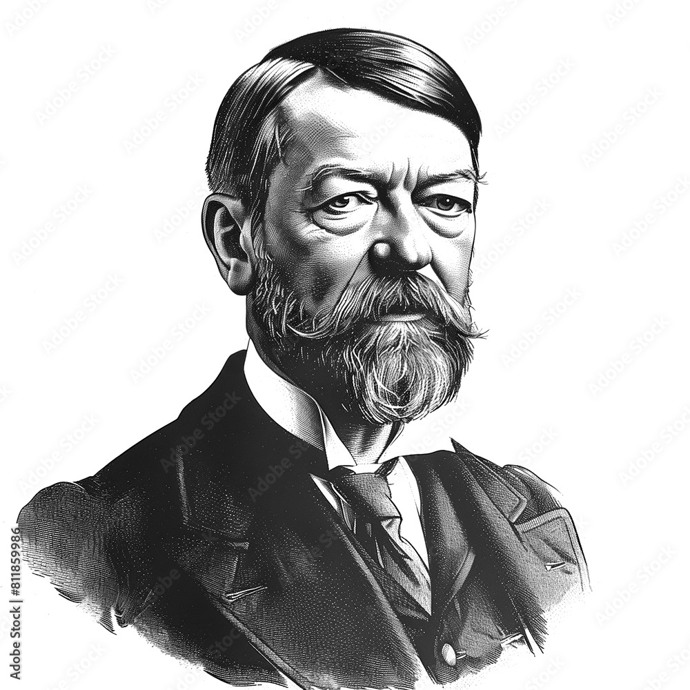 Black and white vintage engraving, close-up headshot portrait of ...