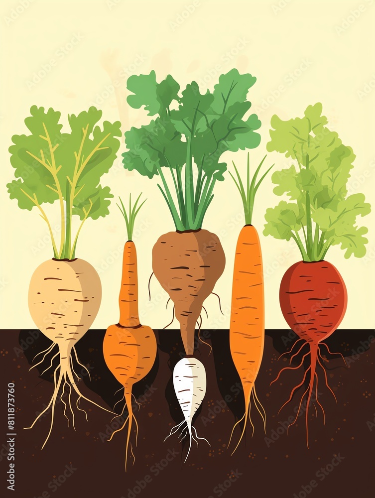 Root vegetables in soil flat design side view agricultural theme ...