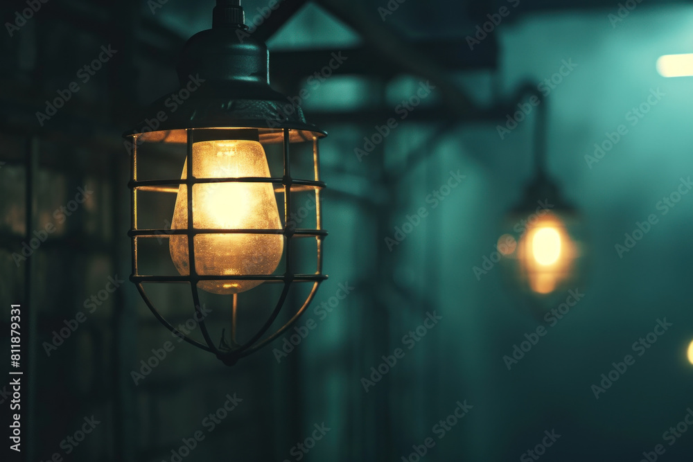 Vintage industrial lamp casting a warm glow in a foggy, moody corridor ...