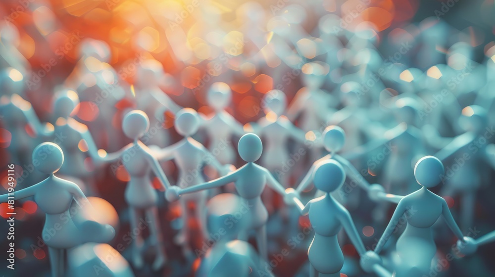 Crowd of faceless blue people holding hands in unity with a bright ...