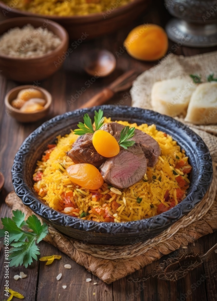 Azerbaijani plov in an ornate dish, rice pilaf with saffron, apricots ...