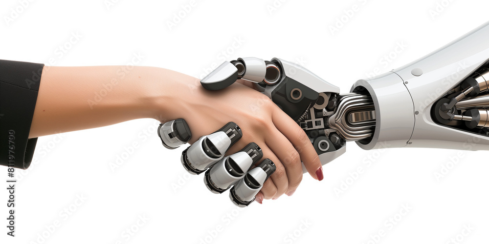 Human and robot handshake, transparent background, depicting technology ...