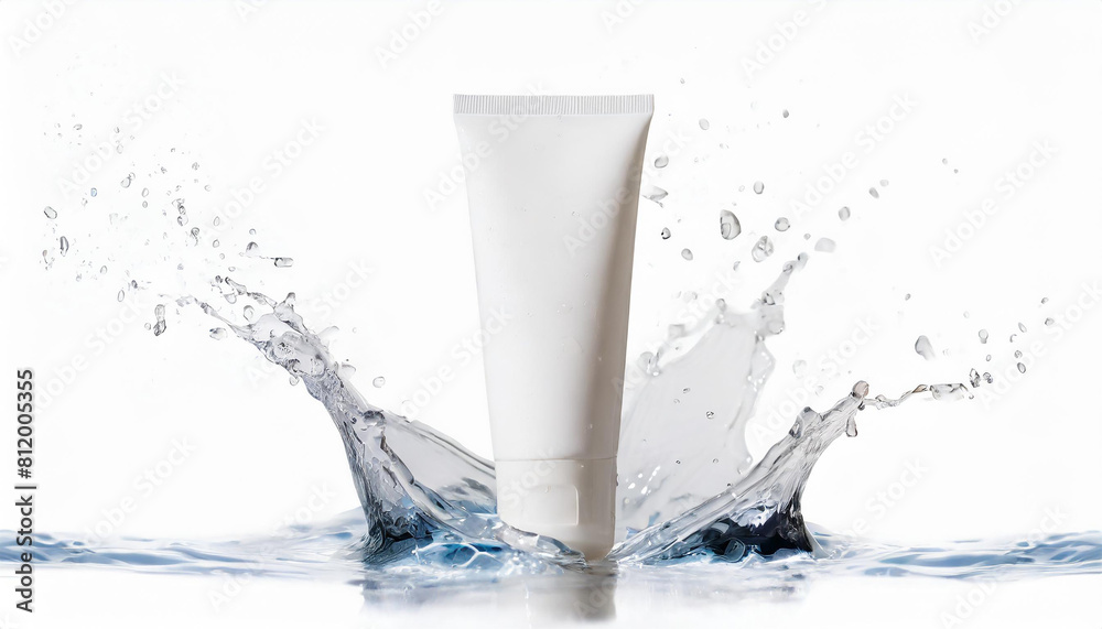 Container white cream tube and water splashes on white background ...