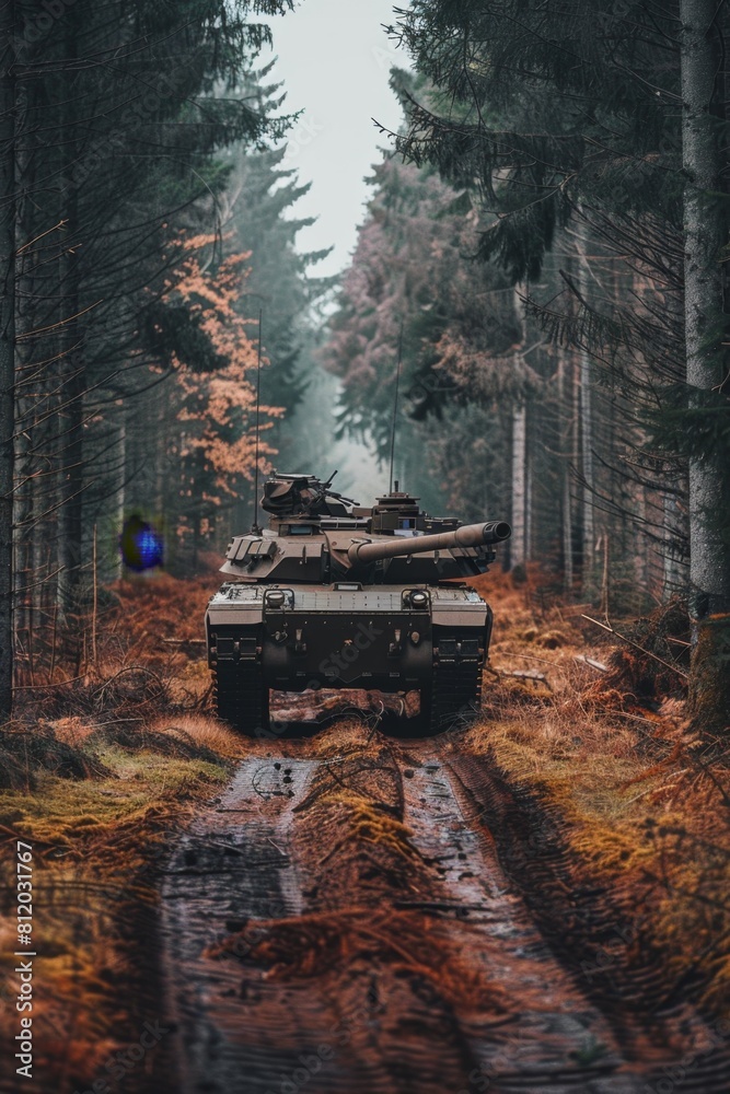 An Military tank M1 Abrams cautiously navigating a narrow forest path ...