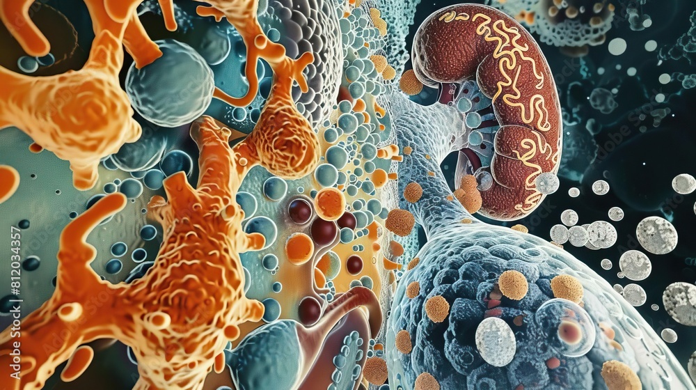 A medical illustration that zooms from the macro anatomy of the kidney ...
