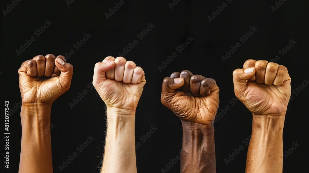 Group of raised hands fist protest up in the air, rights and equality ...