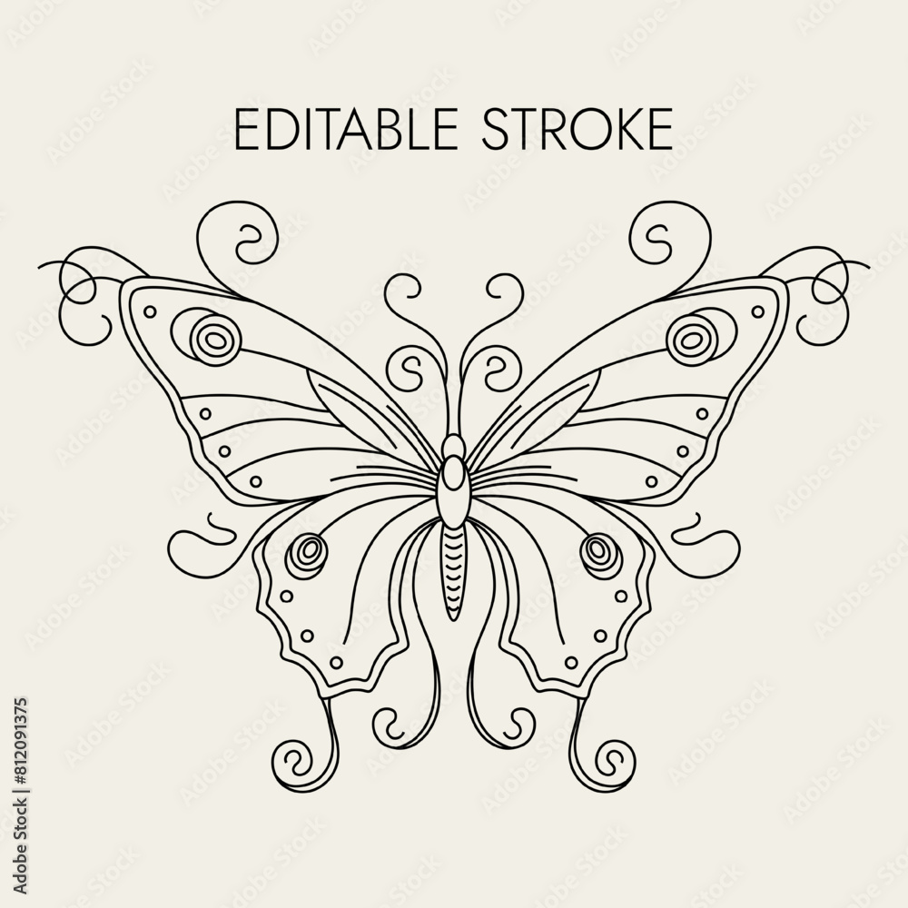 Fantasy butterfly with curled antennae, stretched wings in Art Nouveau ...