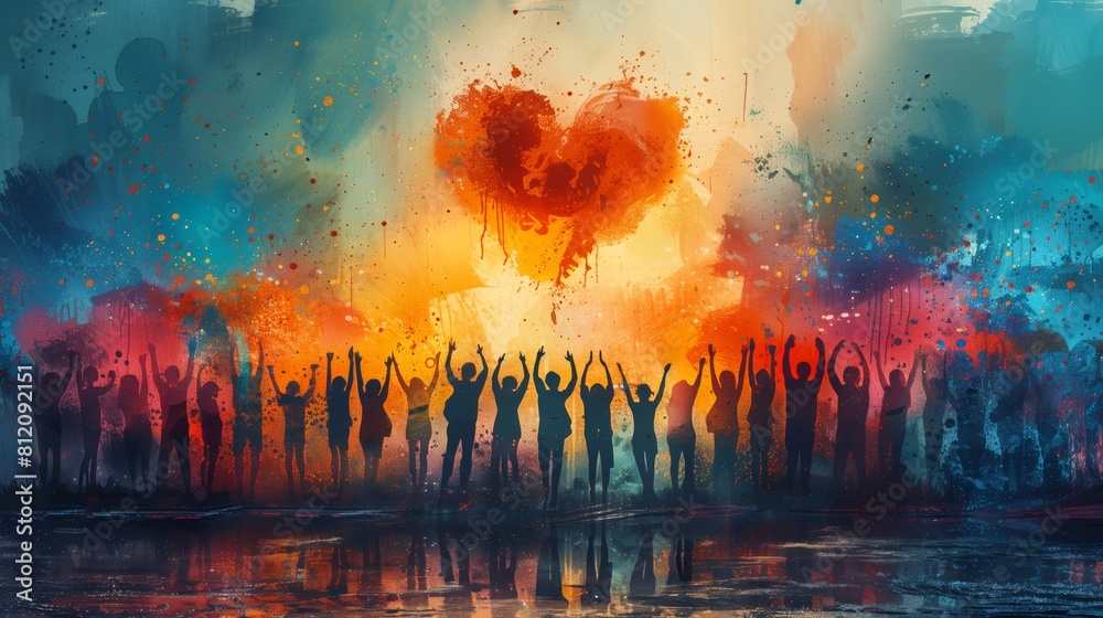 Watercolor illustration of diverse people celebrating under a giant ...